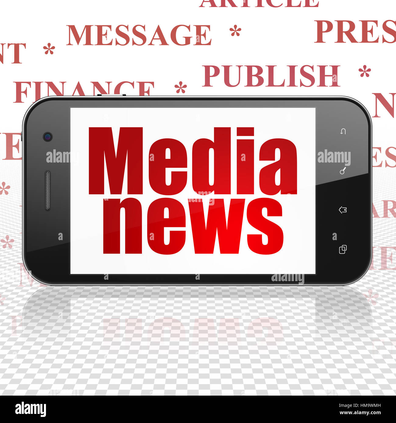 News concept: Smartphone with red text Media News on display, Tag Cloud ...