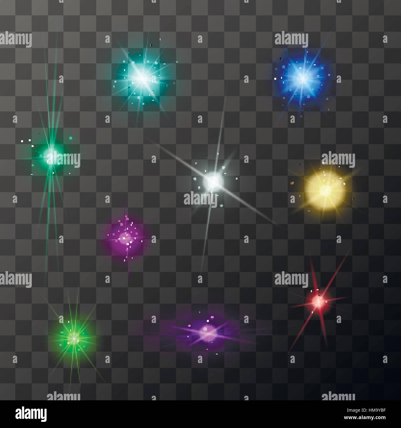 Set of different starbursts with colourful sparkles on transparent ...