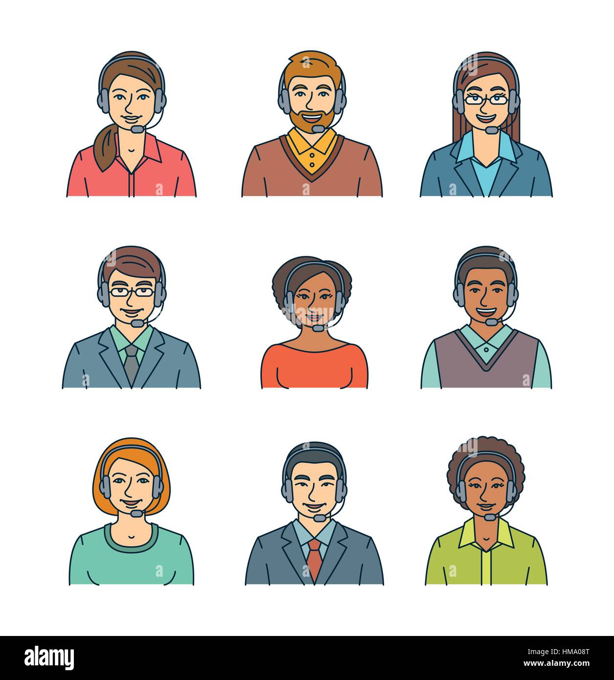 Call center agents flat line avatars. Live chat operators, guys and ...