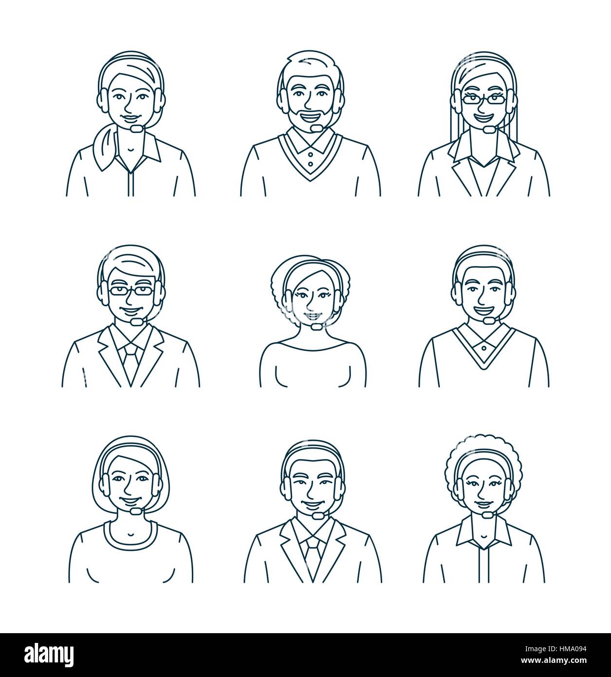 Call center agents flat line avatars. Live chat operators, guys and ...