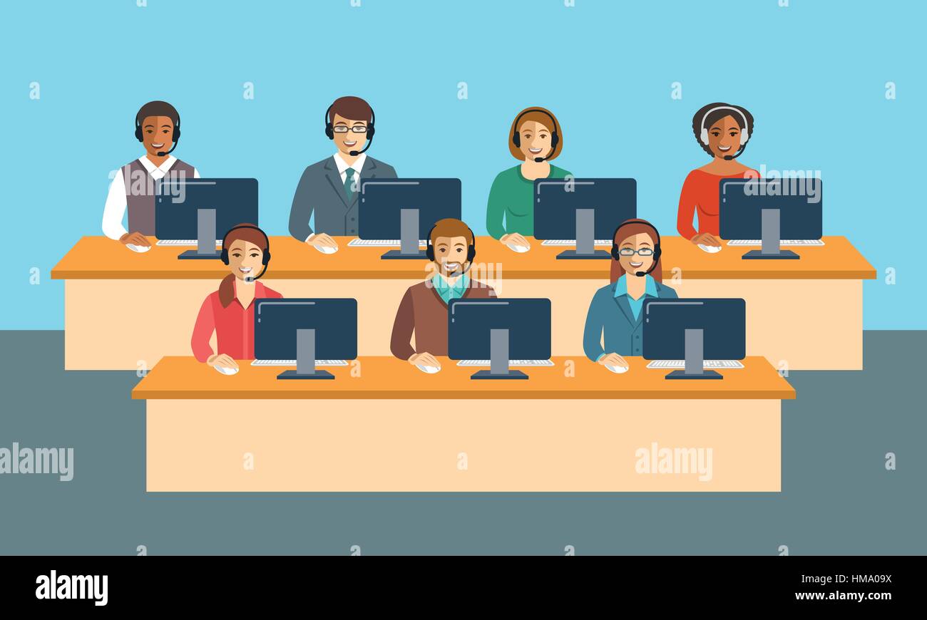 Call center agents team at office. Flat vector banner. Customer care ...