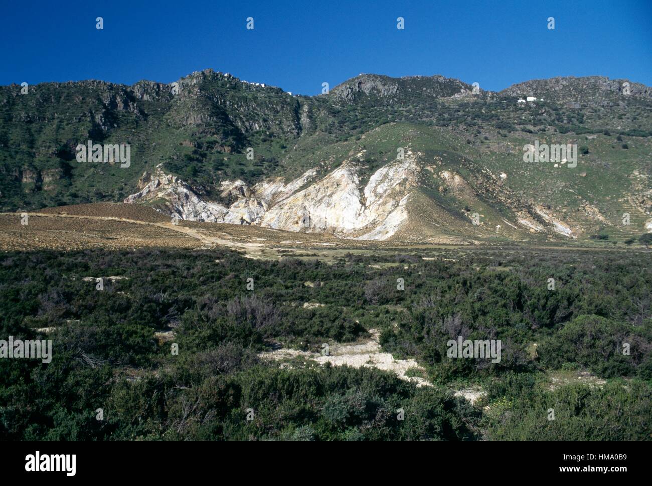 Vegetation and hills in an inland area of Nisyros island, Greece Stock ...