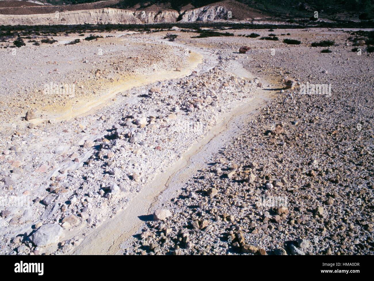 Sulfur rich soil in the caldera of the volcano on Nisyros island ...