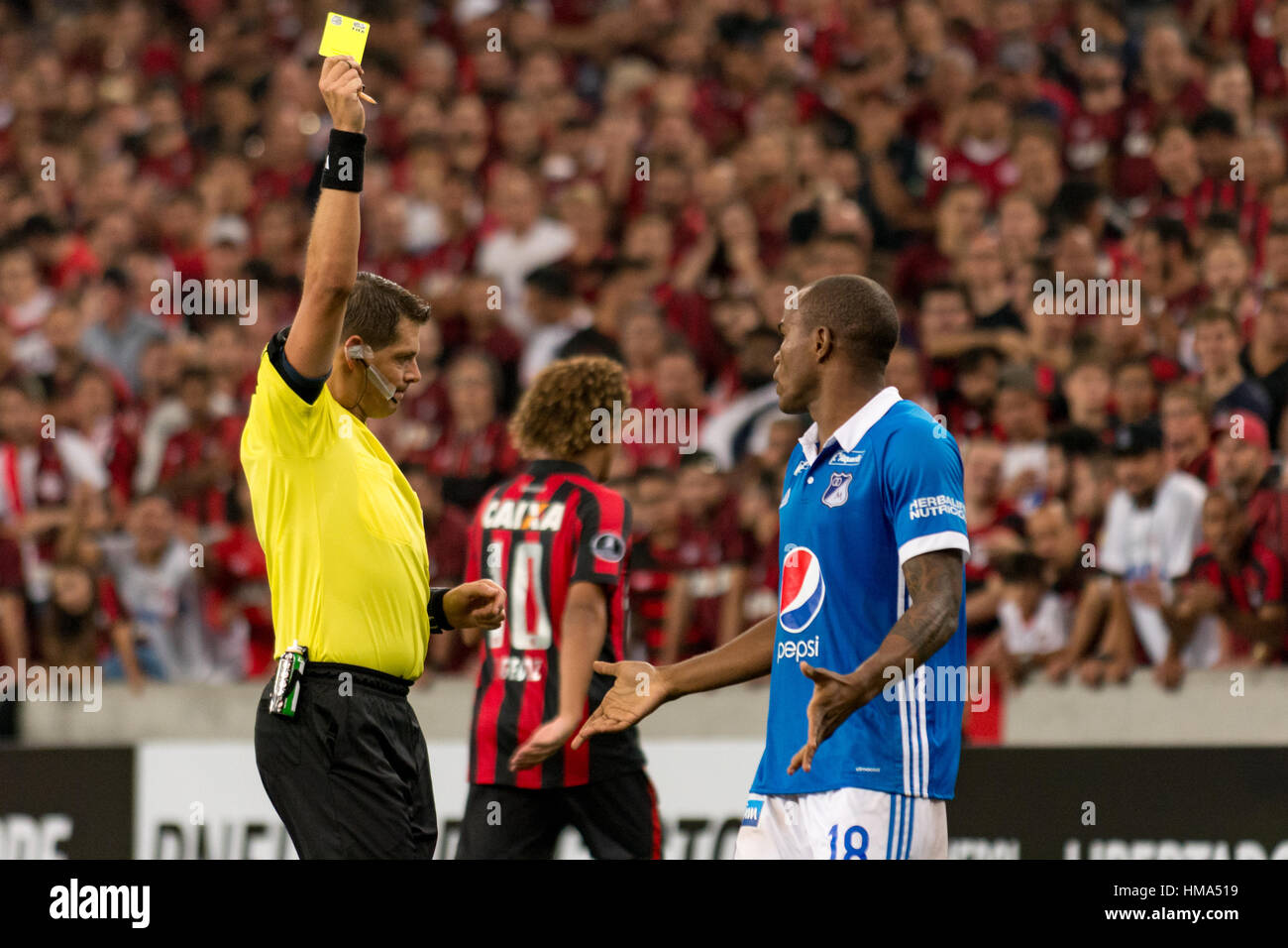 Curitiba, Brazil. 1st February, 2017. Yellow card for Jair Palacios ...