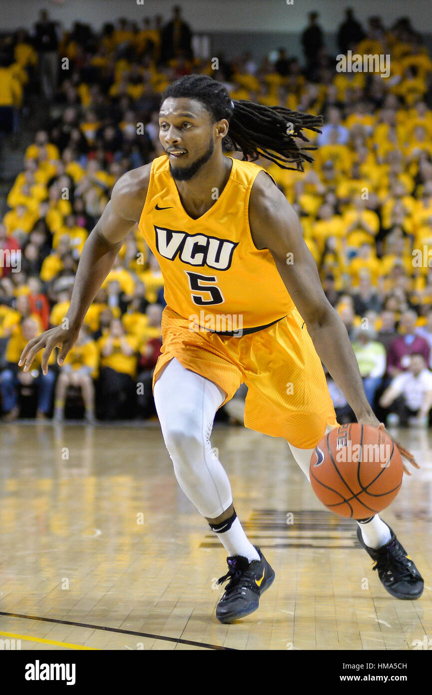 Richmond, USA. 1st Feb, 2017. Doug Brooks (5) dribbles around a ...