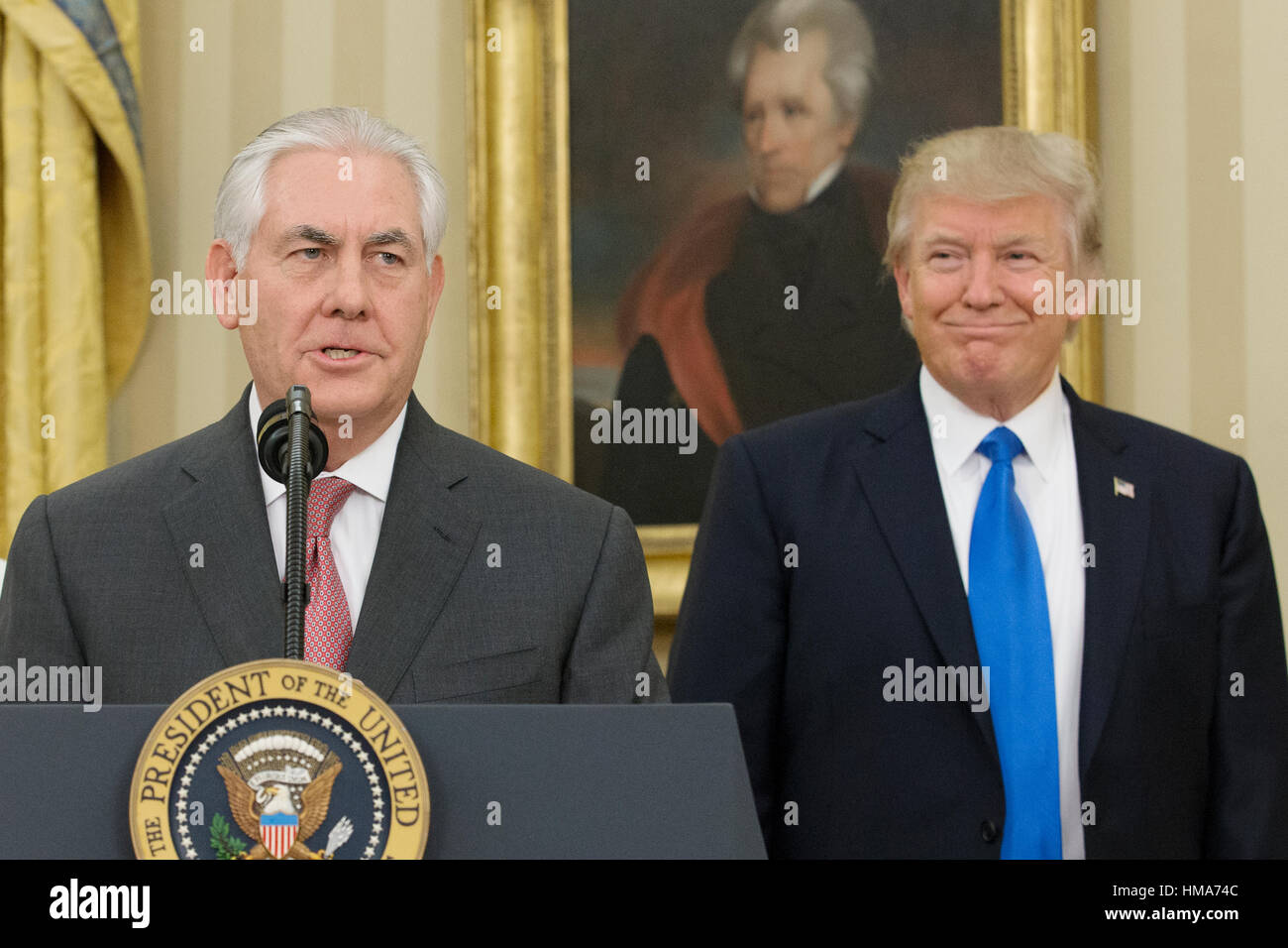 Washington, DC, USA. 01st Feb, 2017. Rex Tillerson (L) delivers remarks ...