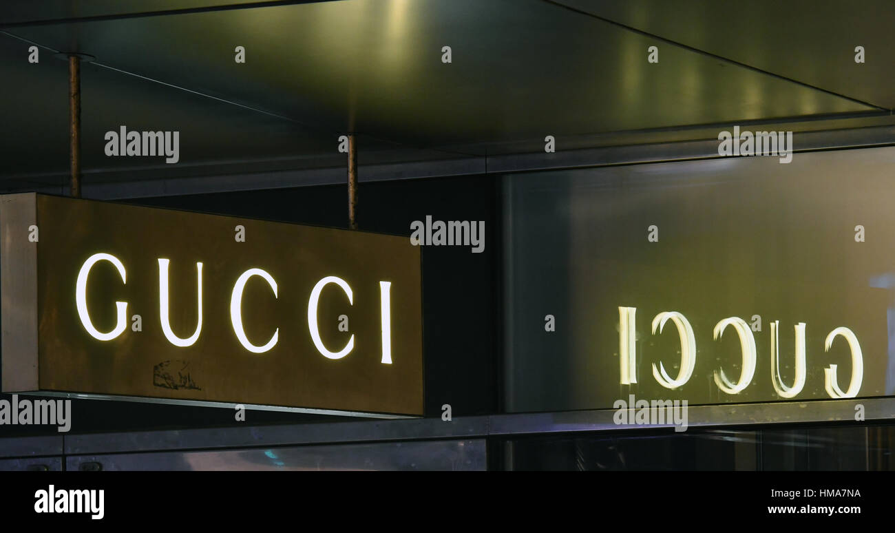 The logo of the luxury goods company Gucci in a shop in Berlin, Germany ...