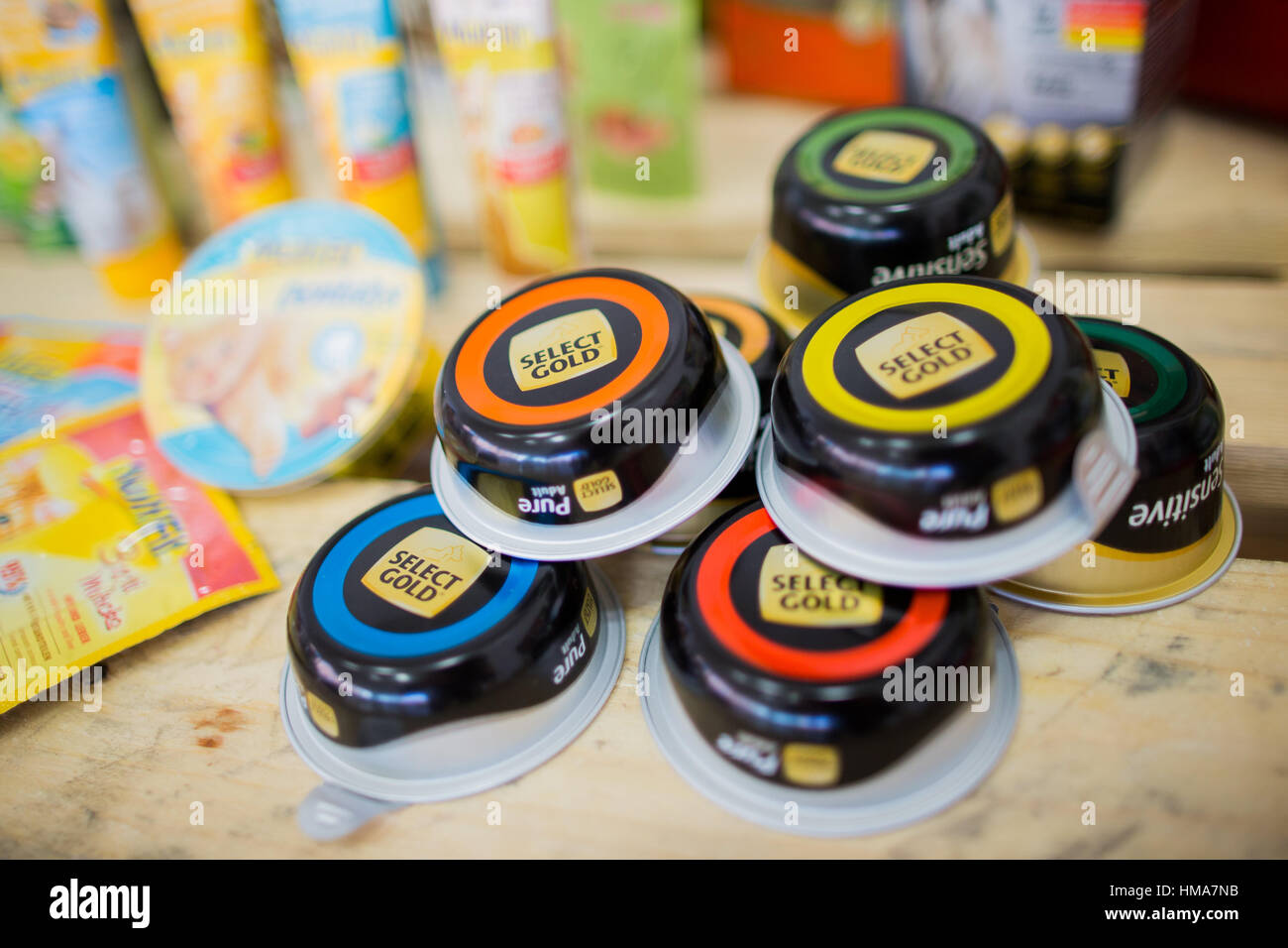 Krefeld, Germany. 02nd Feb, 2017. Animal food products created by ...
