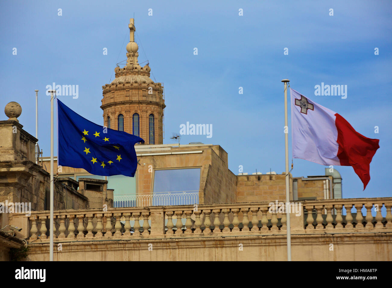 Valletta, Malta. 2nd Feb, 2017. EU flag and Malta flag are seen a day ...