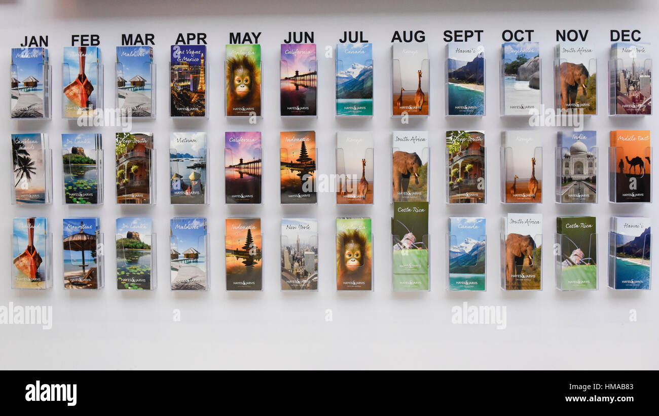 London, UK. 2nd Feb, 2017. Travel brochures organised by month at the ...