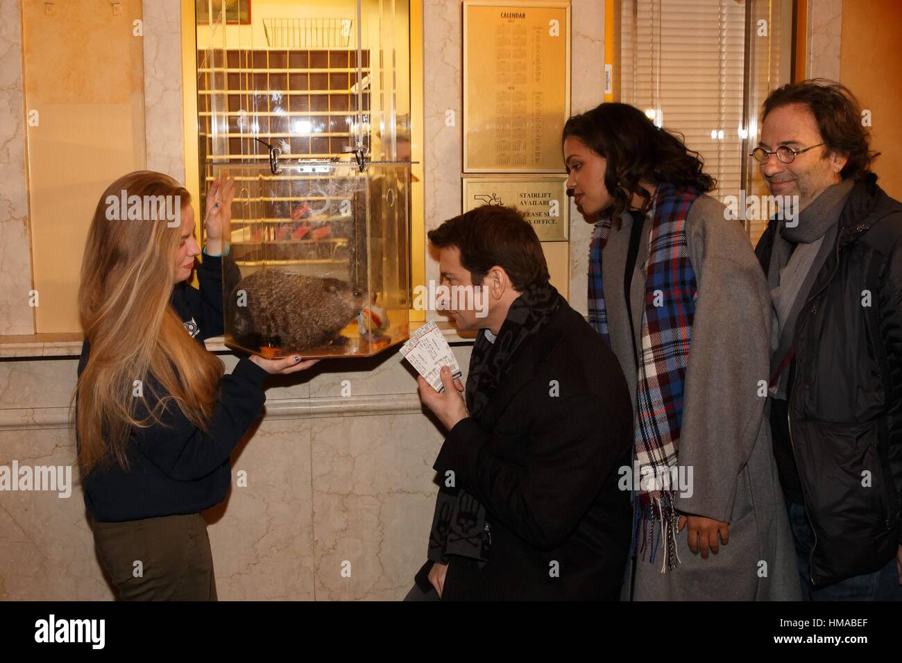 New York, USA. 2nd Feb, 2017. Staten Island Chuck, Andy Karl, Barrett ...