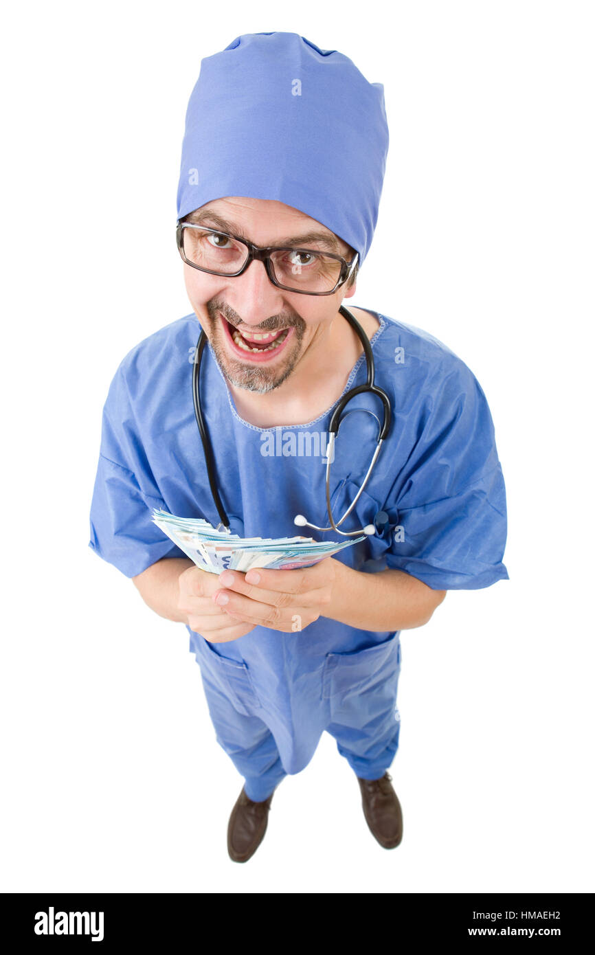 silly male doctor full length with money, isolated on white background ...