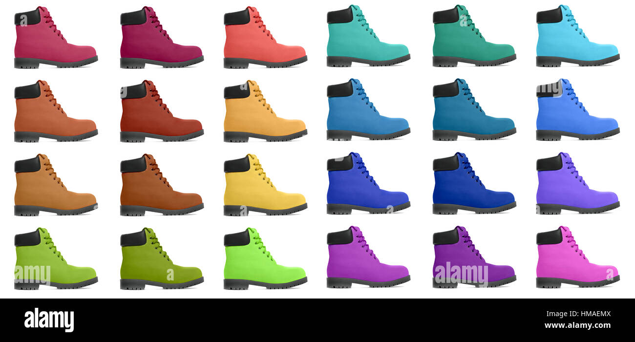 Set of multicolored boots. Side view Stock Photo - Alamy
