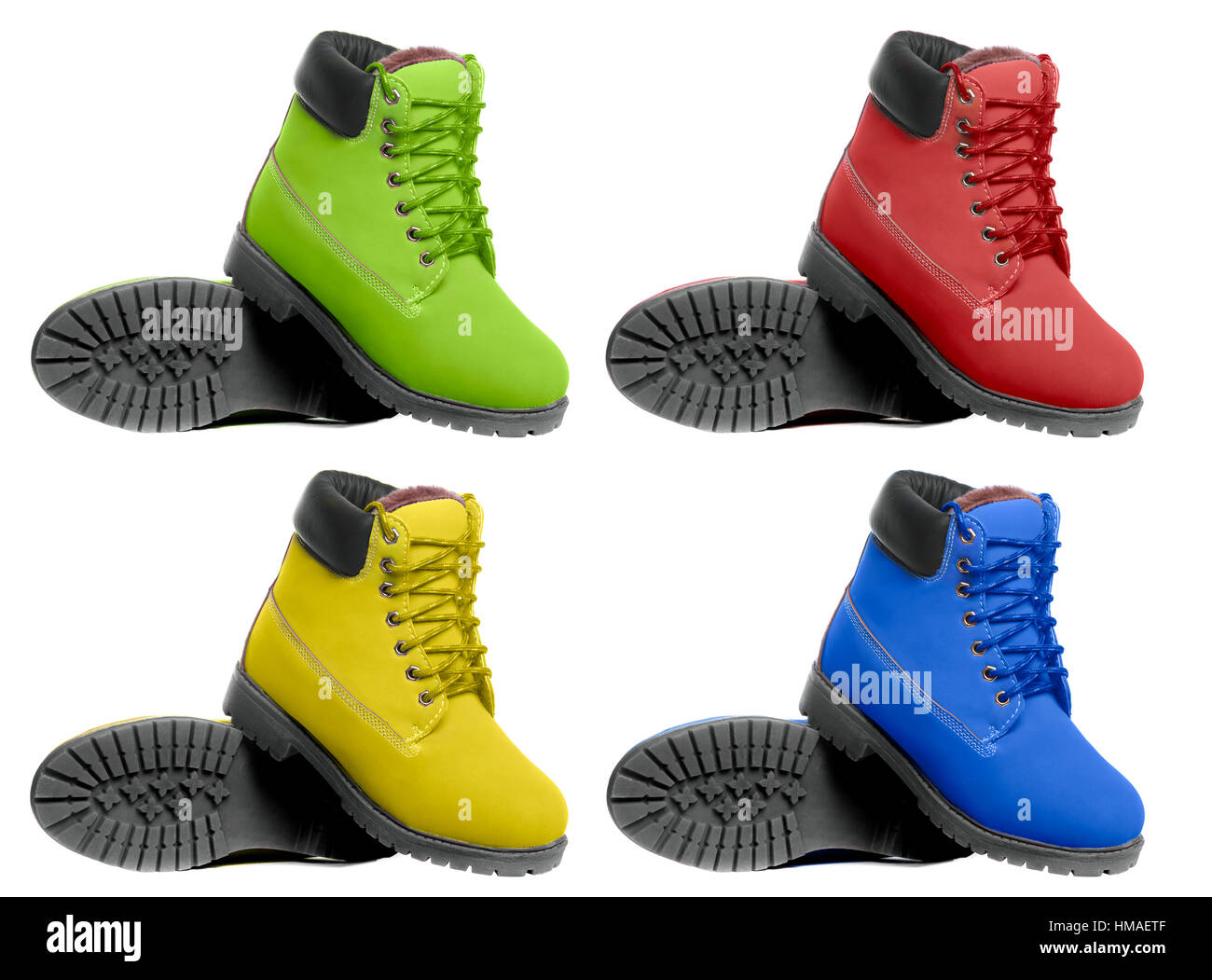 Set of multicolored boots. Angle view Stock Photo - Alamy