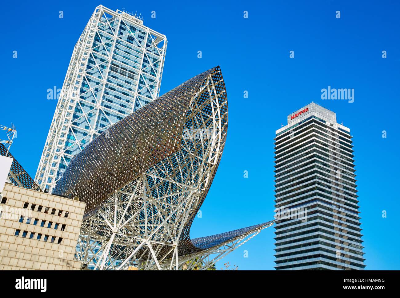 Mapfre tower, Arts Hotel, Sculpture ´Fish´ of Frank Gehry, Puerto ...