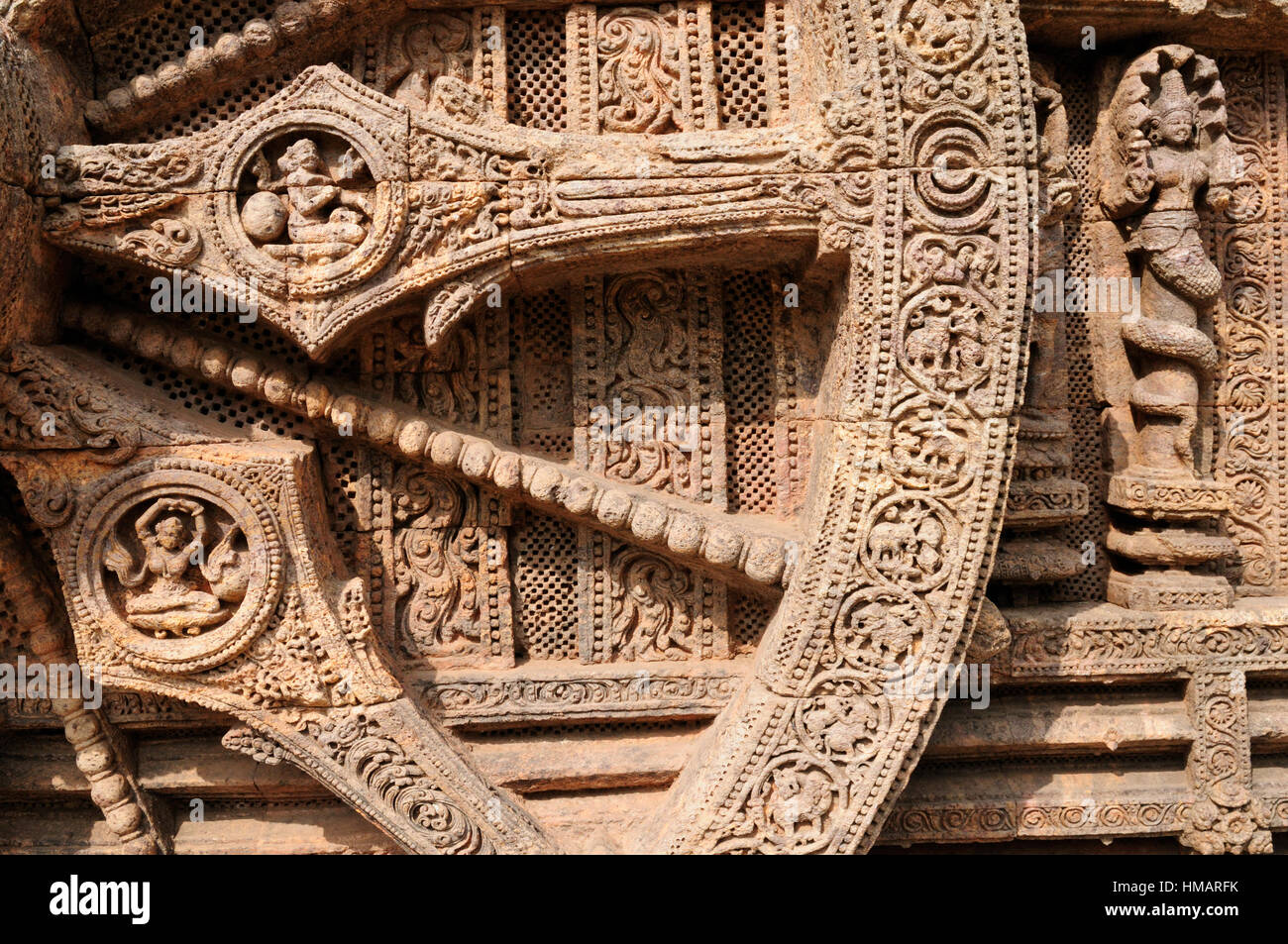 Stone wheel in the ancient Sun Temple at Konark, Orissa, India. 13th ...