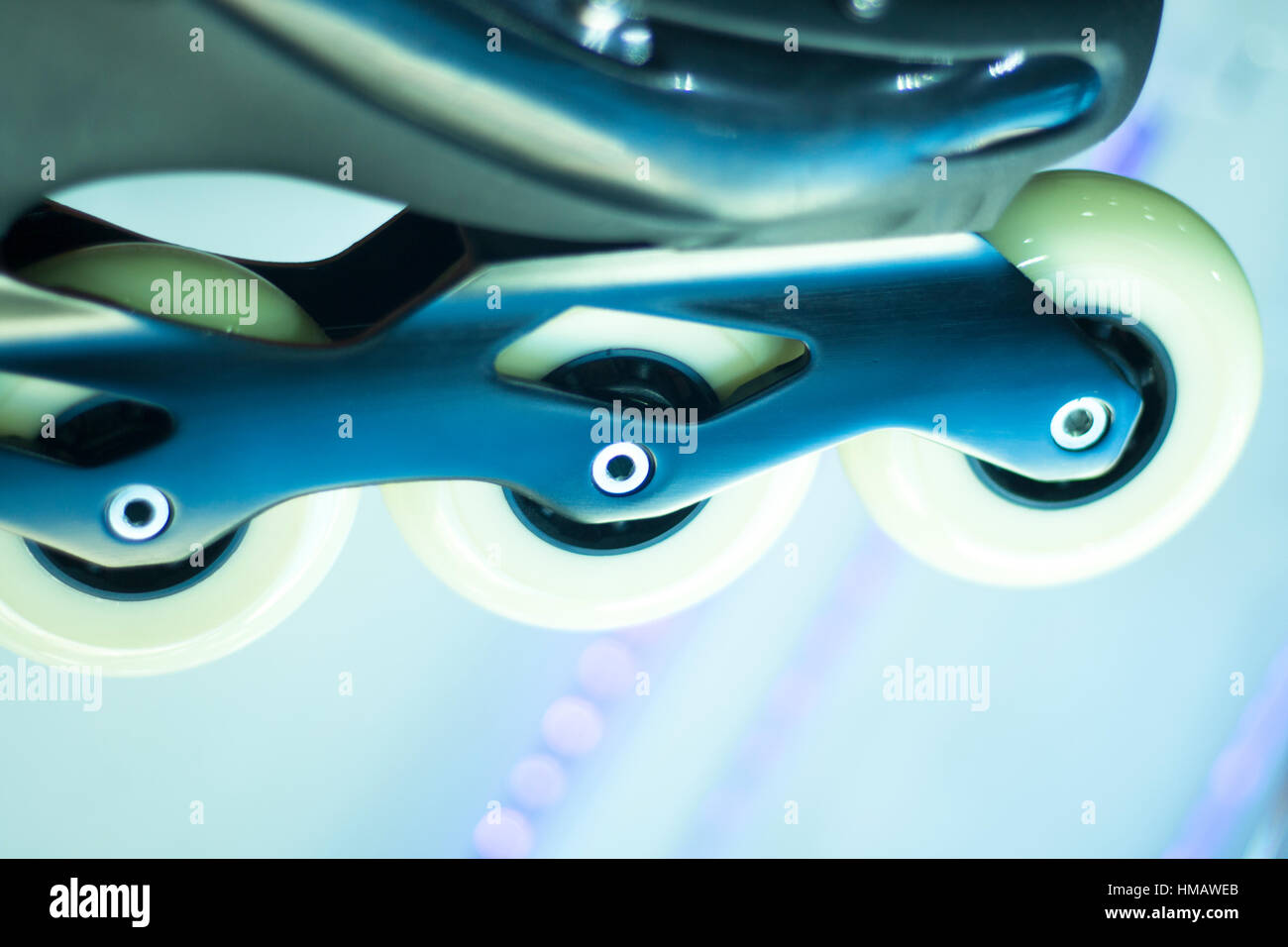 Freestyle inline skates boots and wheels in retail store shop window ...