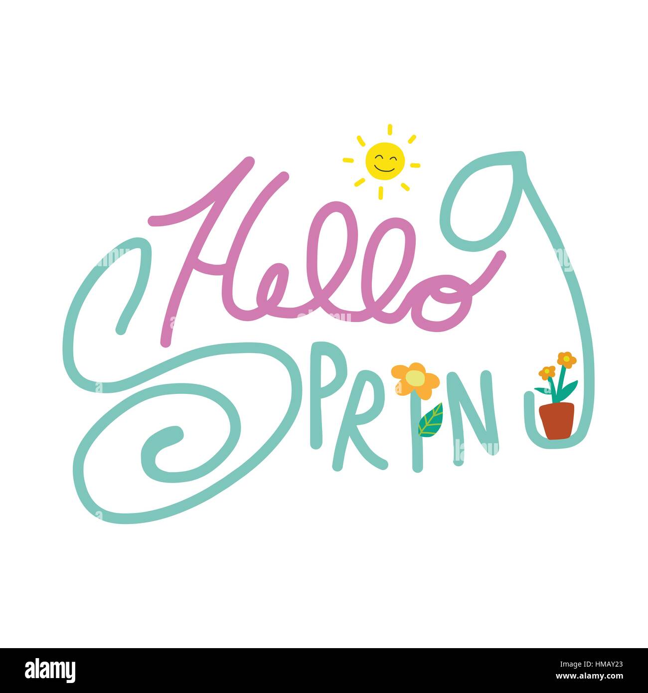 Hello spring word lettering and cute flower pot cartoon vector ...