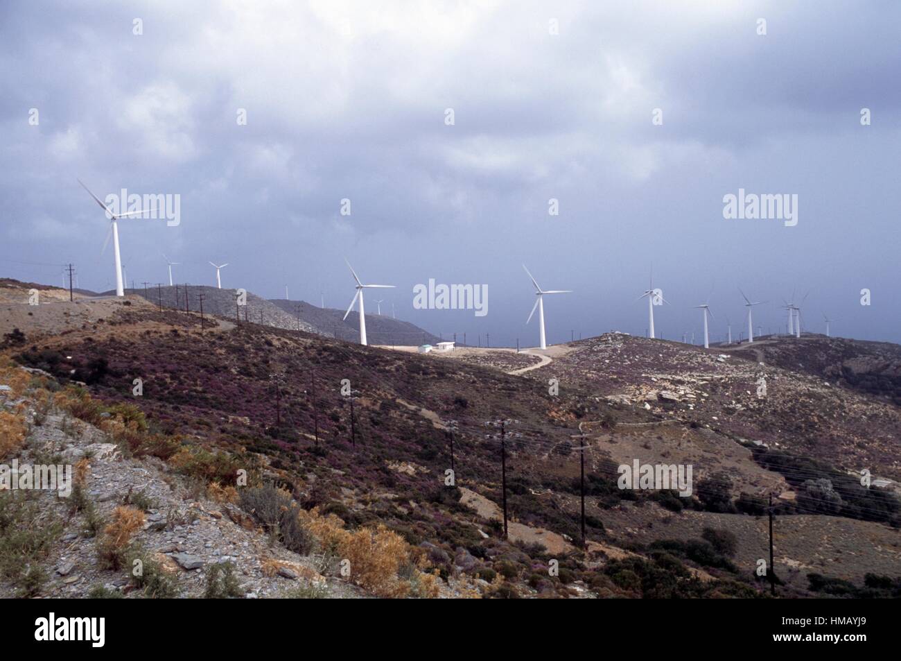Landscape with wind turbines, Euboea (Evia) island, Greece Stock Photo ...