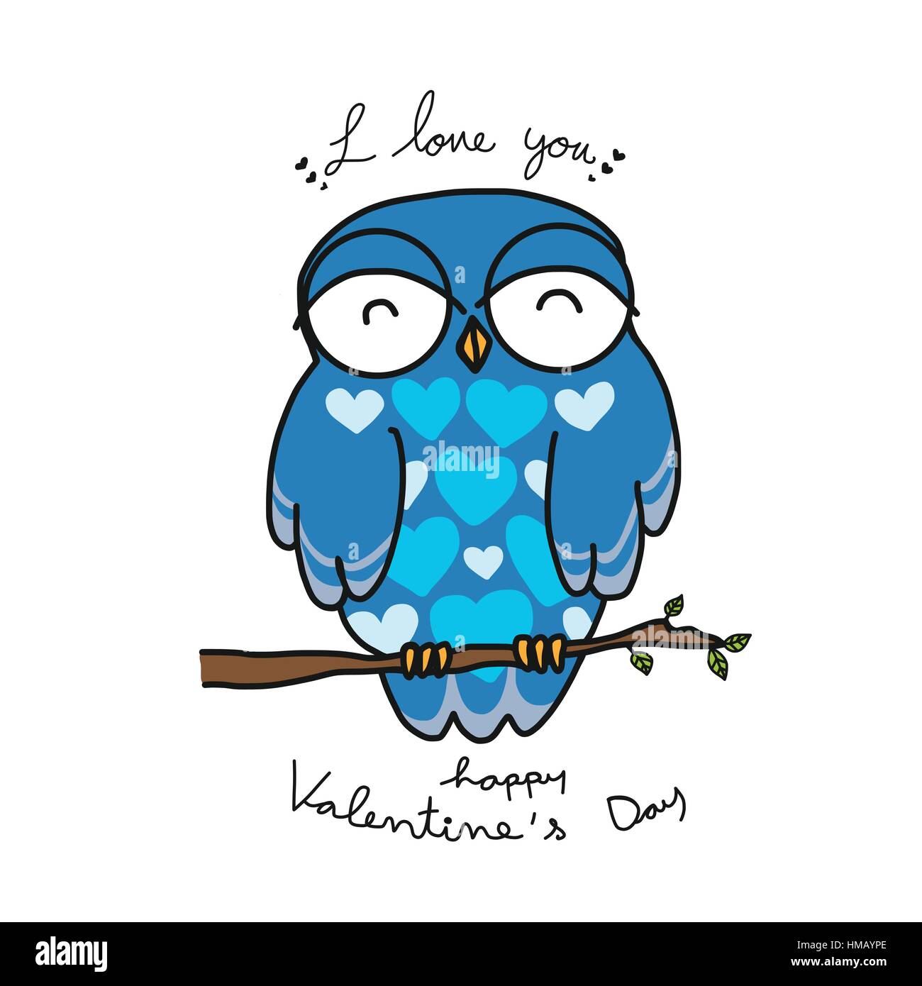 Blue male owl say i love you cartoon illustration doodle style Stock ...