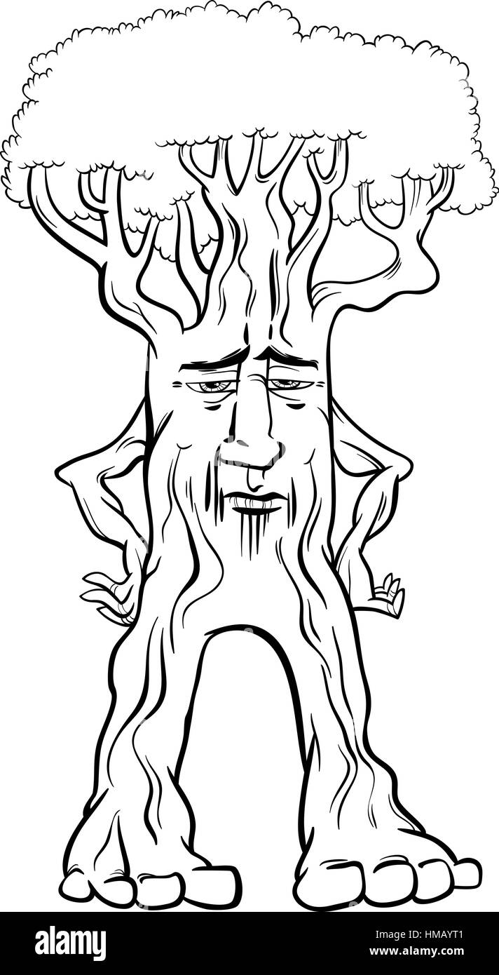 Black and White Cartoon Illustration of Walking Tree Creature Fantasy ...