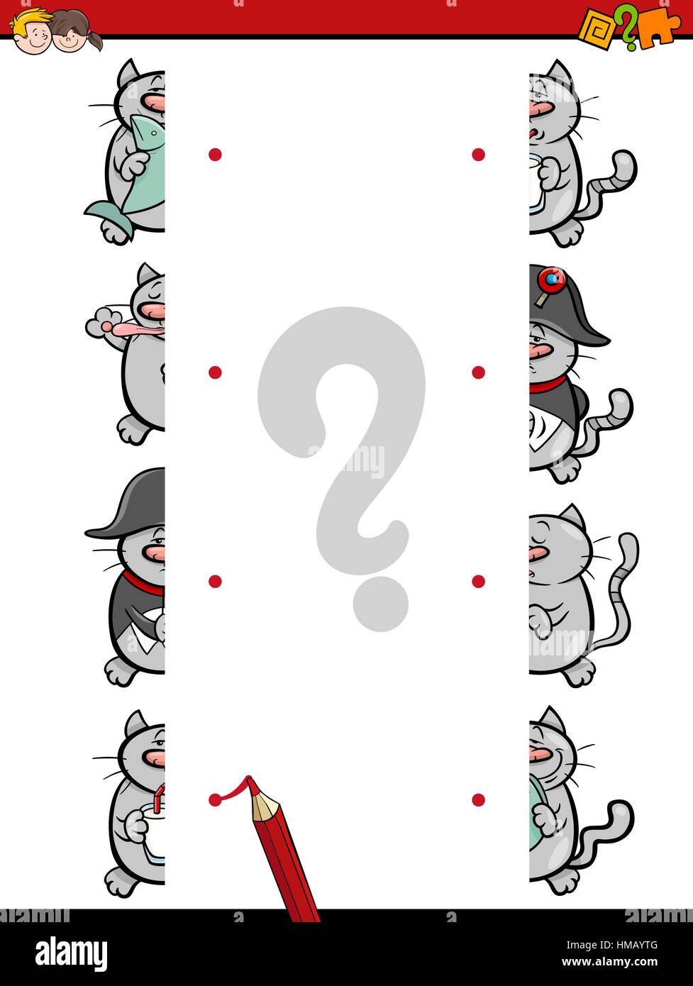 Cartoon Illustration of Educational Game of Matching Halves with Cat ...