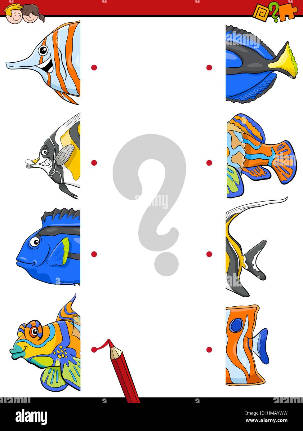 Cartoon Illustration of Educational Game of Matching Halves with Fish ...