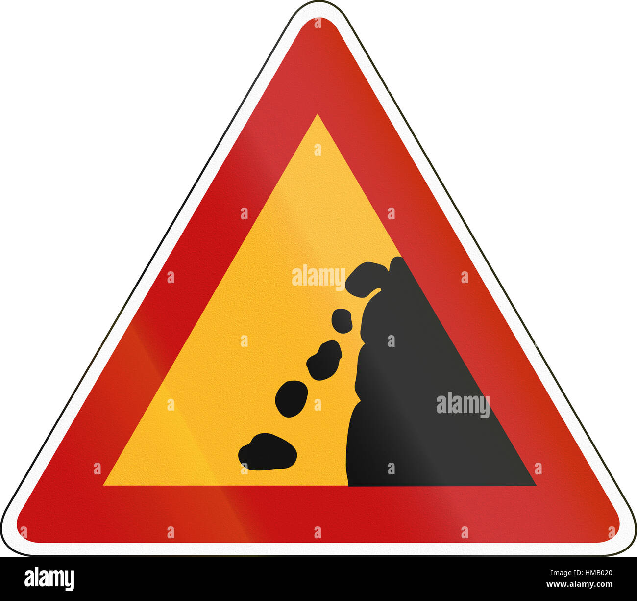 South Korean road warning sign - Falling rocks on the right Stock Photo ...