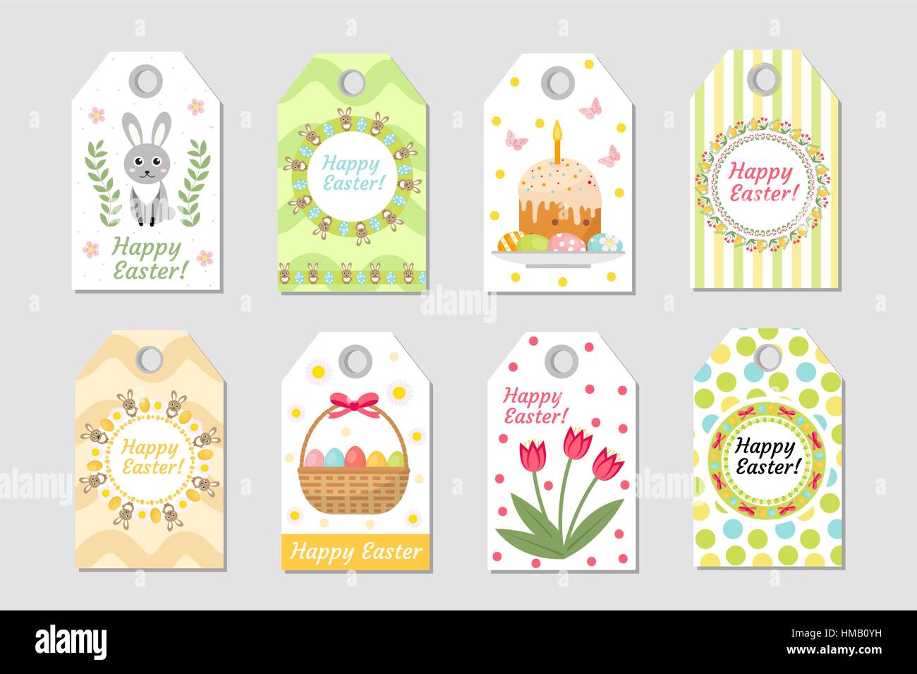 Cute Easter tags set. Labels collection with rabbit, eggs and flowers ...