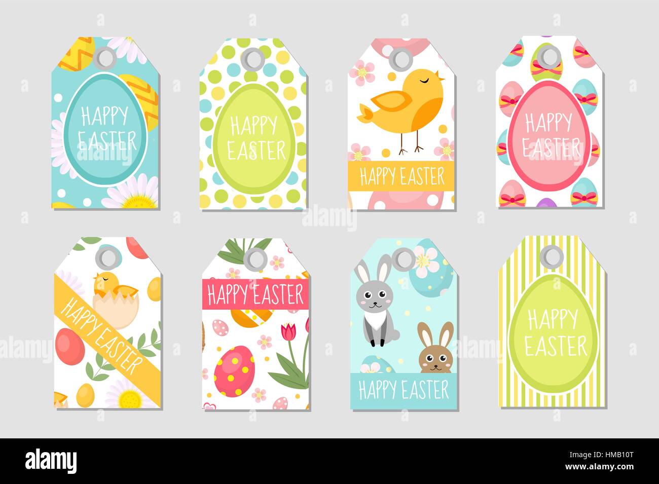 Cute Easter tags set. Labels collection with rabbit, eggs and flowers ...