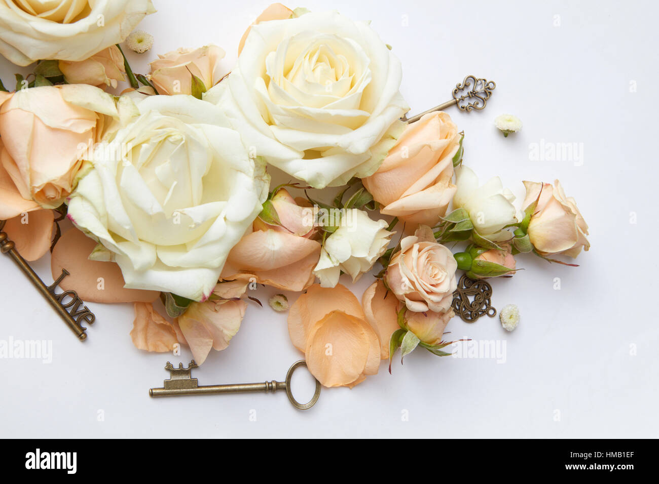 white roses with key on white background Stock Photo - Alamy