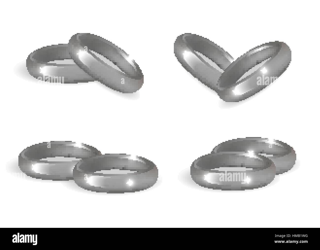 Realistic wedding silver rings set. 3d bands collection isolated on ...