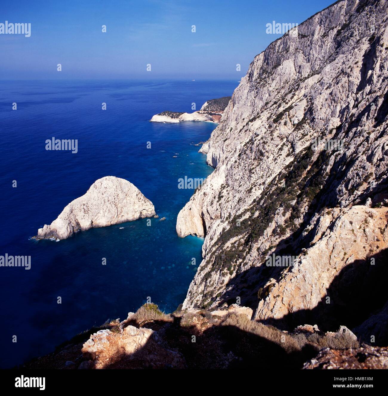 Rocky coast overhanging the sea on Lefkada island, Ionian islands ...