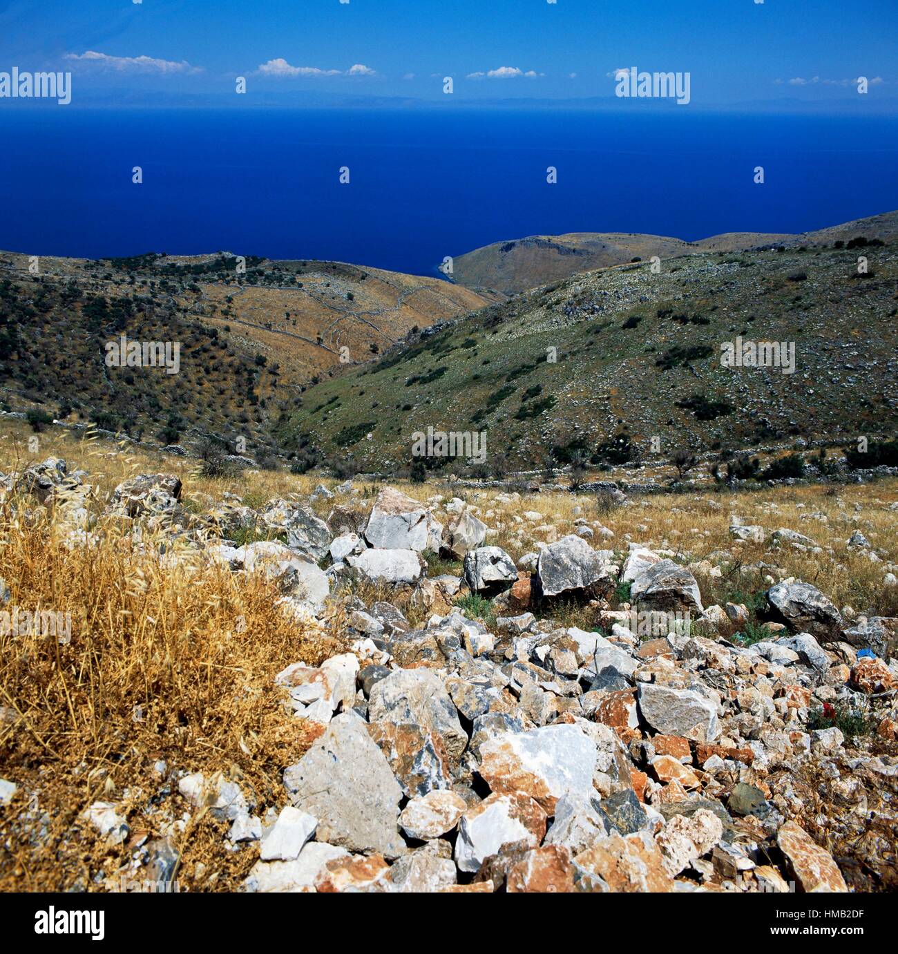 Scree and coastal views, Mani peninsula, Peloponnese, Greece Stock ...