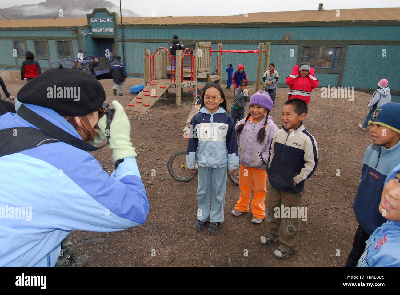 Children playing on a school break. School. Coastal Inuit community of ...