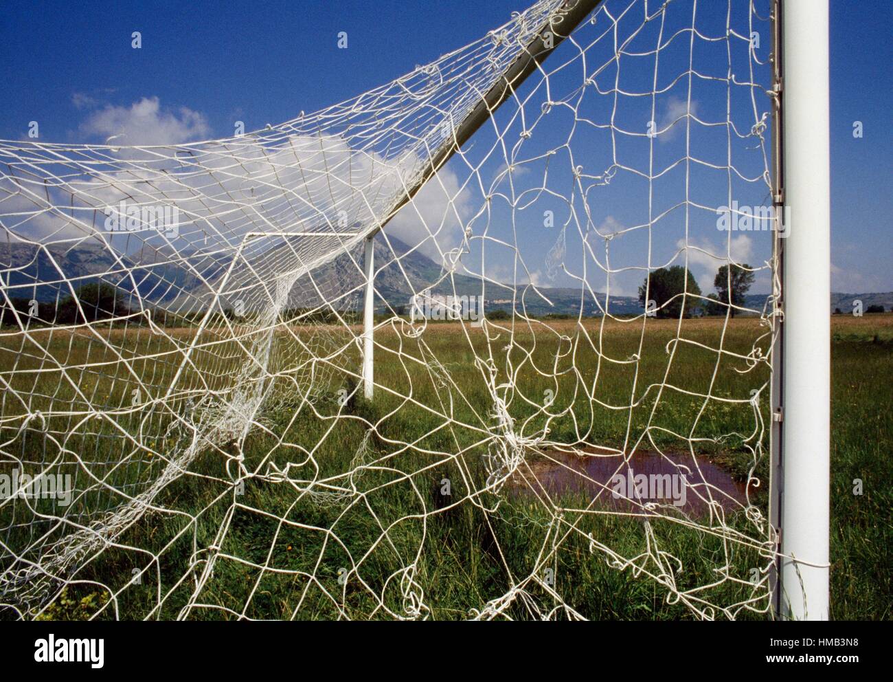 Football goal in a meadow, Rocche plateau, Sirente-Velino regional park ...