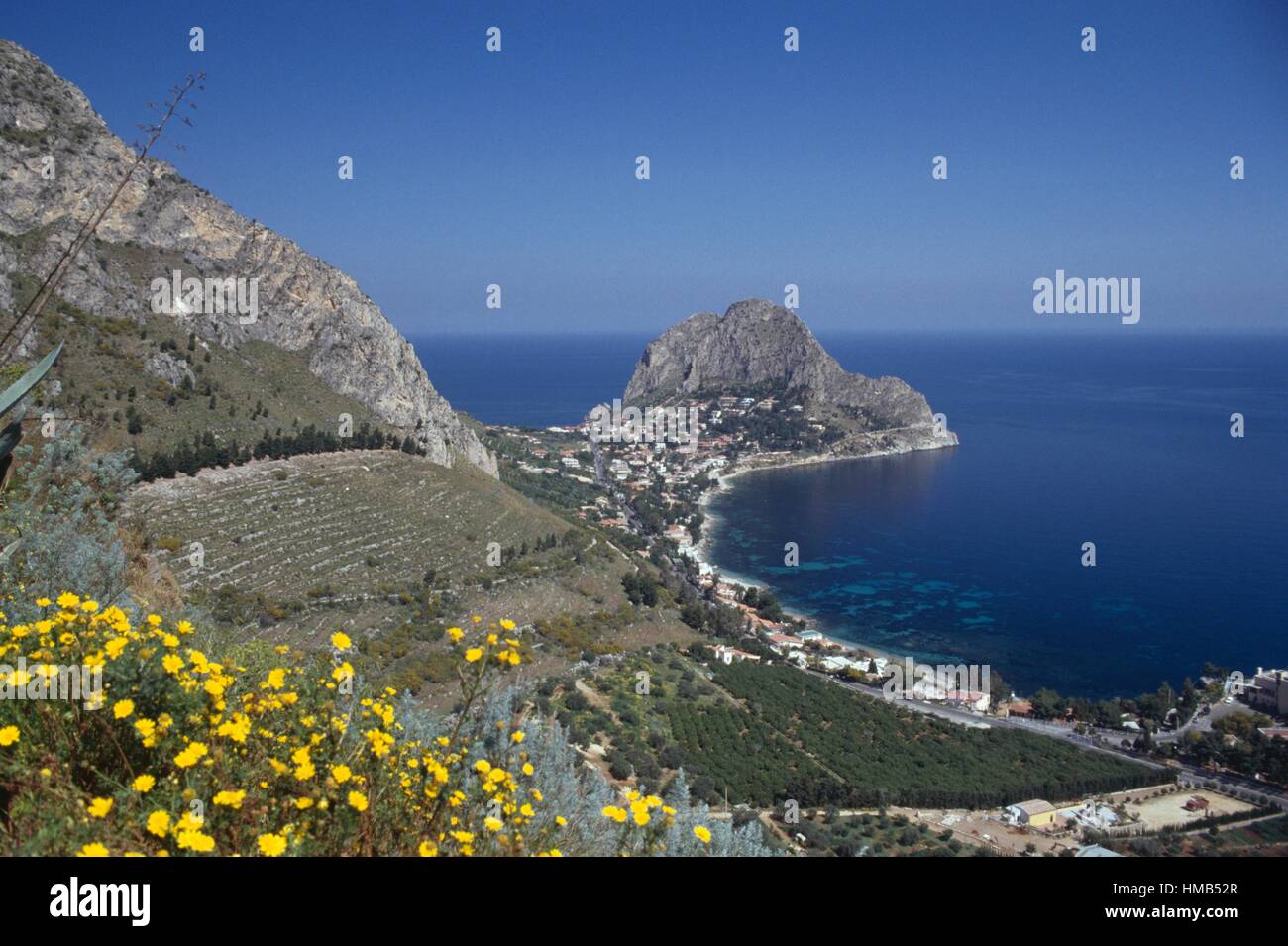 Capo Zafferano promontory seen from Solunto, Sicily, Italy Stock Photo ...