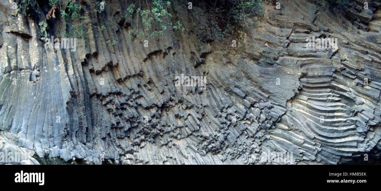 Basaltic lava forming layered and prismatic, Alcantara Gorge, Sicily ...