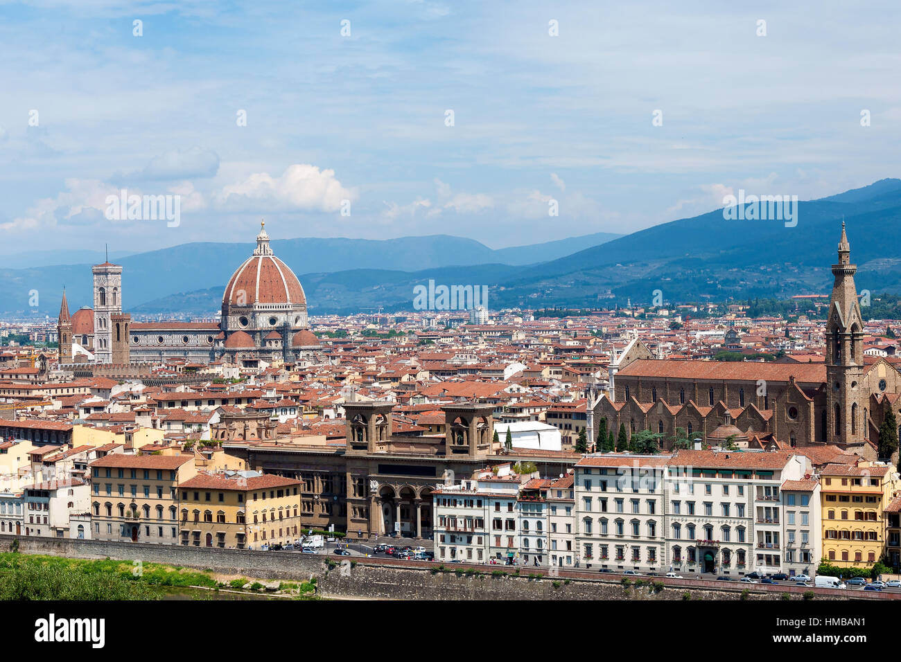 Aerial panorama of Florence, Italy with people on the streets and some ...