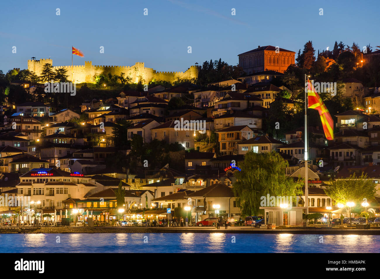 Night scenery of town of Ohrid with Macedonian flag and Samuel fortress ...