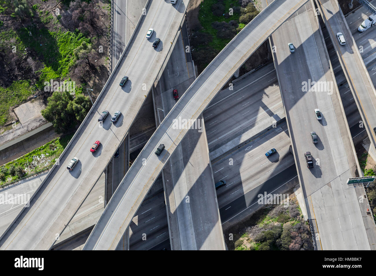 Aerial down view of Golden State 5 and Route 118 freeway interchange ...