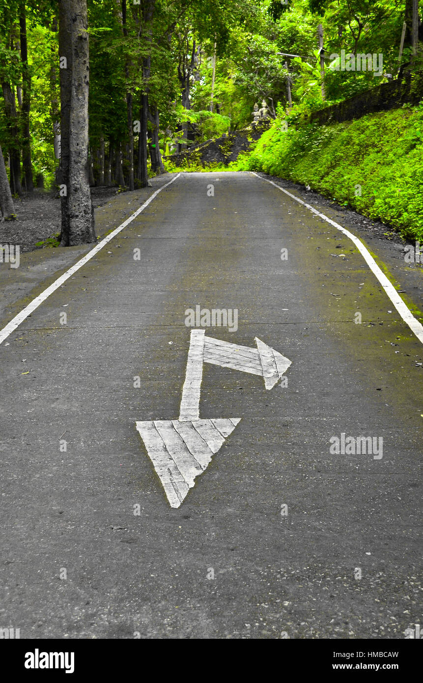 Arrow sign on the road with green nature background Stock Photo - Alamy