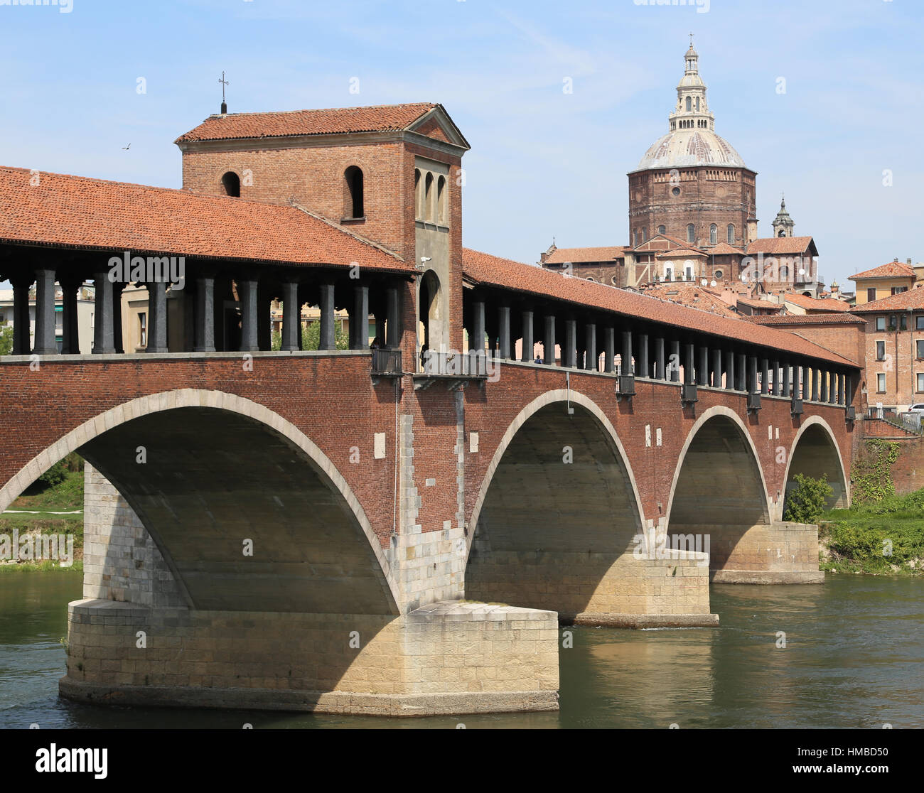 wooden bridge over the TICINO River in Pavia City in Italy Stock Photo ...