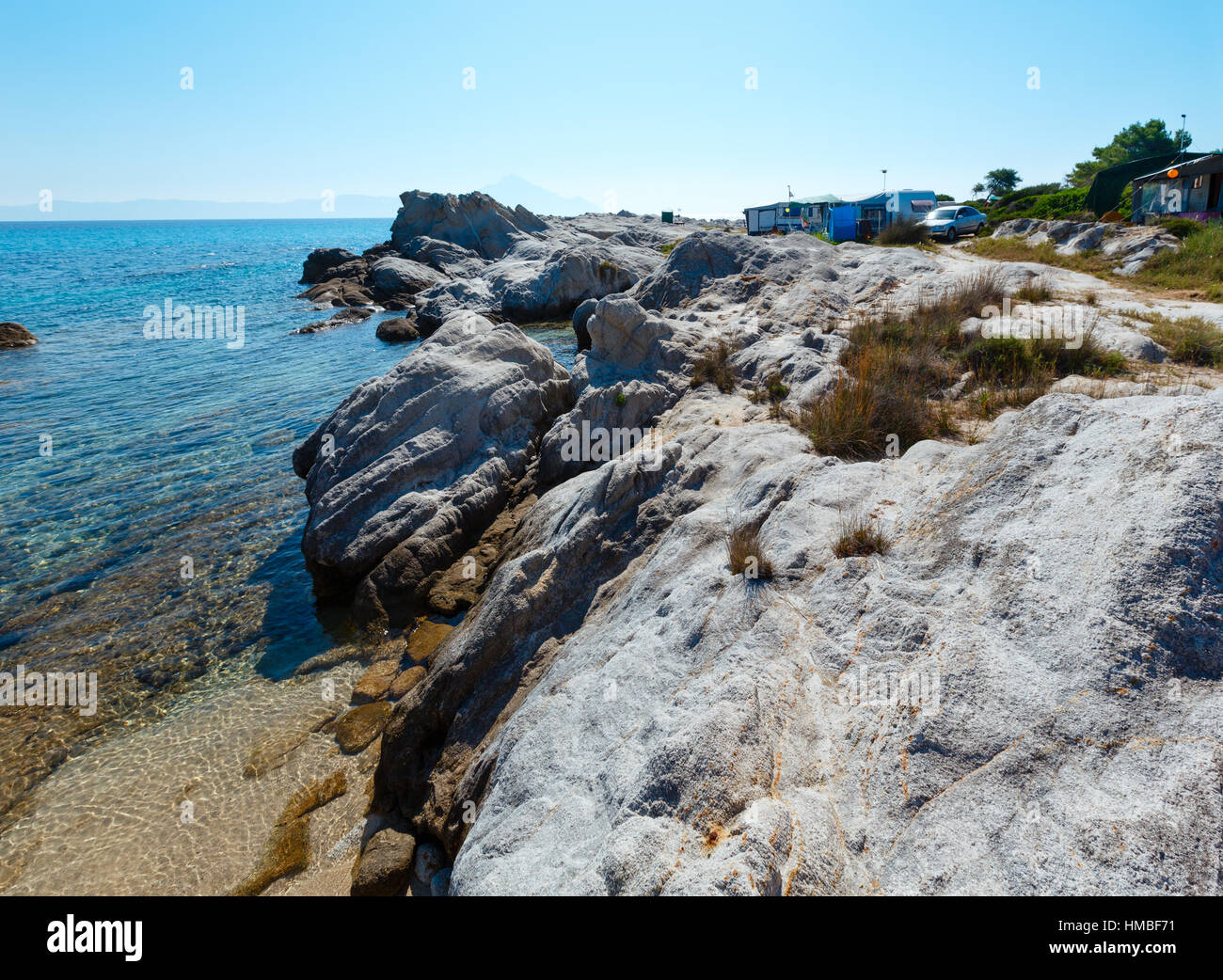 Car camping on summer morning Sithonia rocky coast (Chalcidice, Greece ...