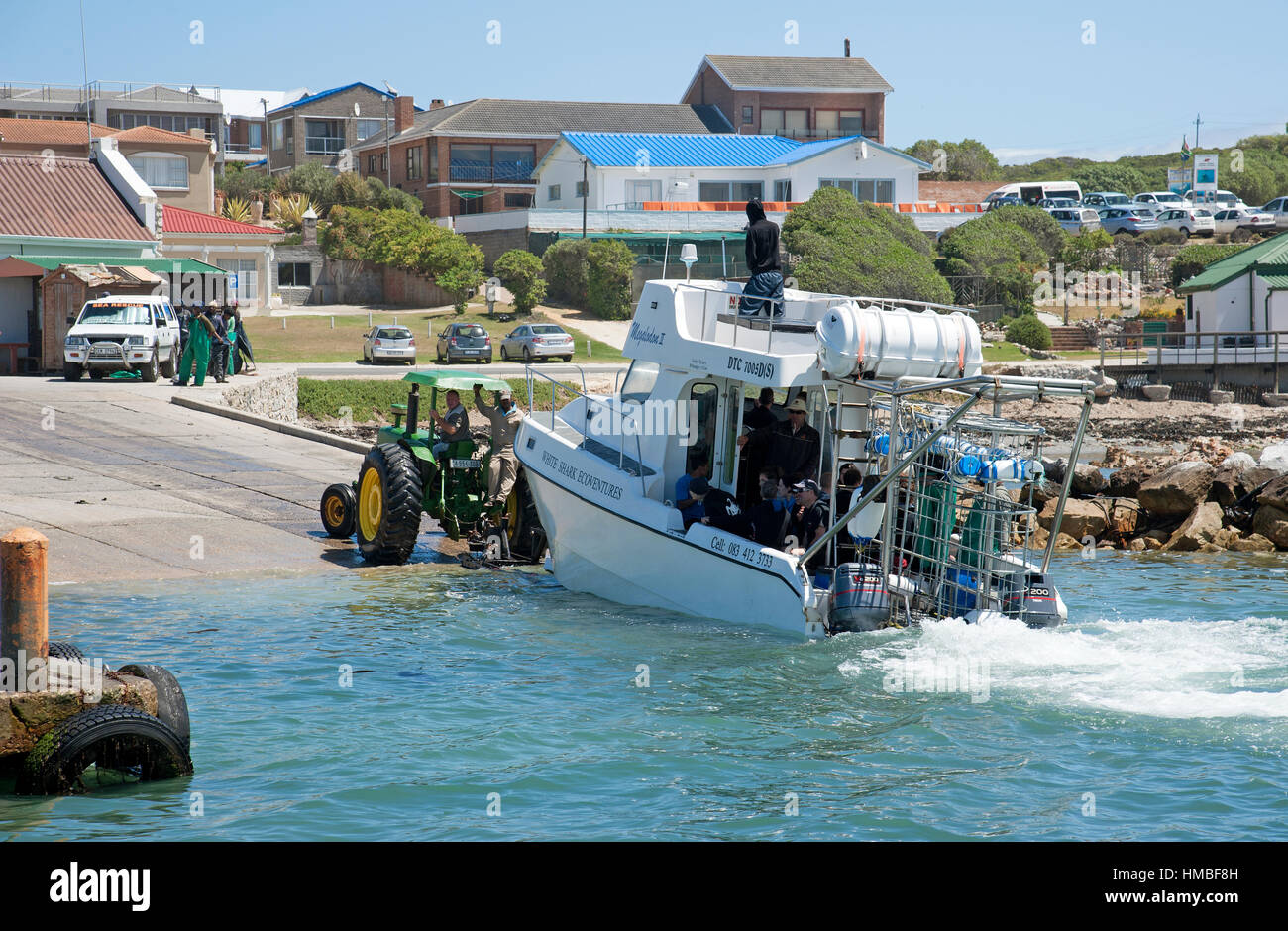 Great White shark dive boat at Kleinbaai Harbour in Gansbaai in the ...