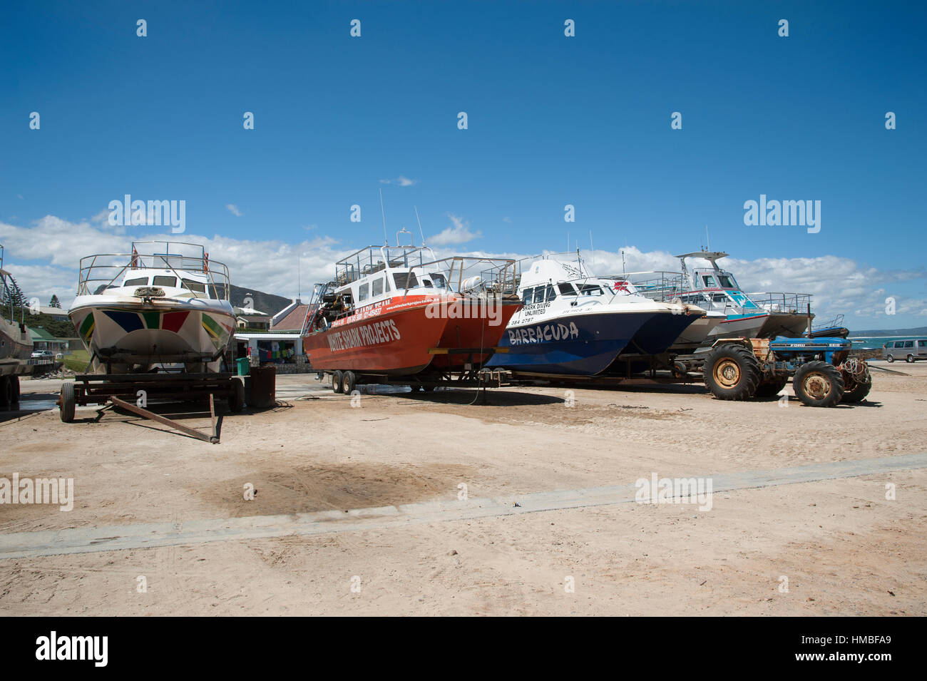 Great White shark dive boats at Kleinbaai Harbour in Gansbaai in the ...