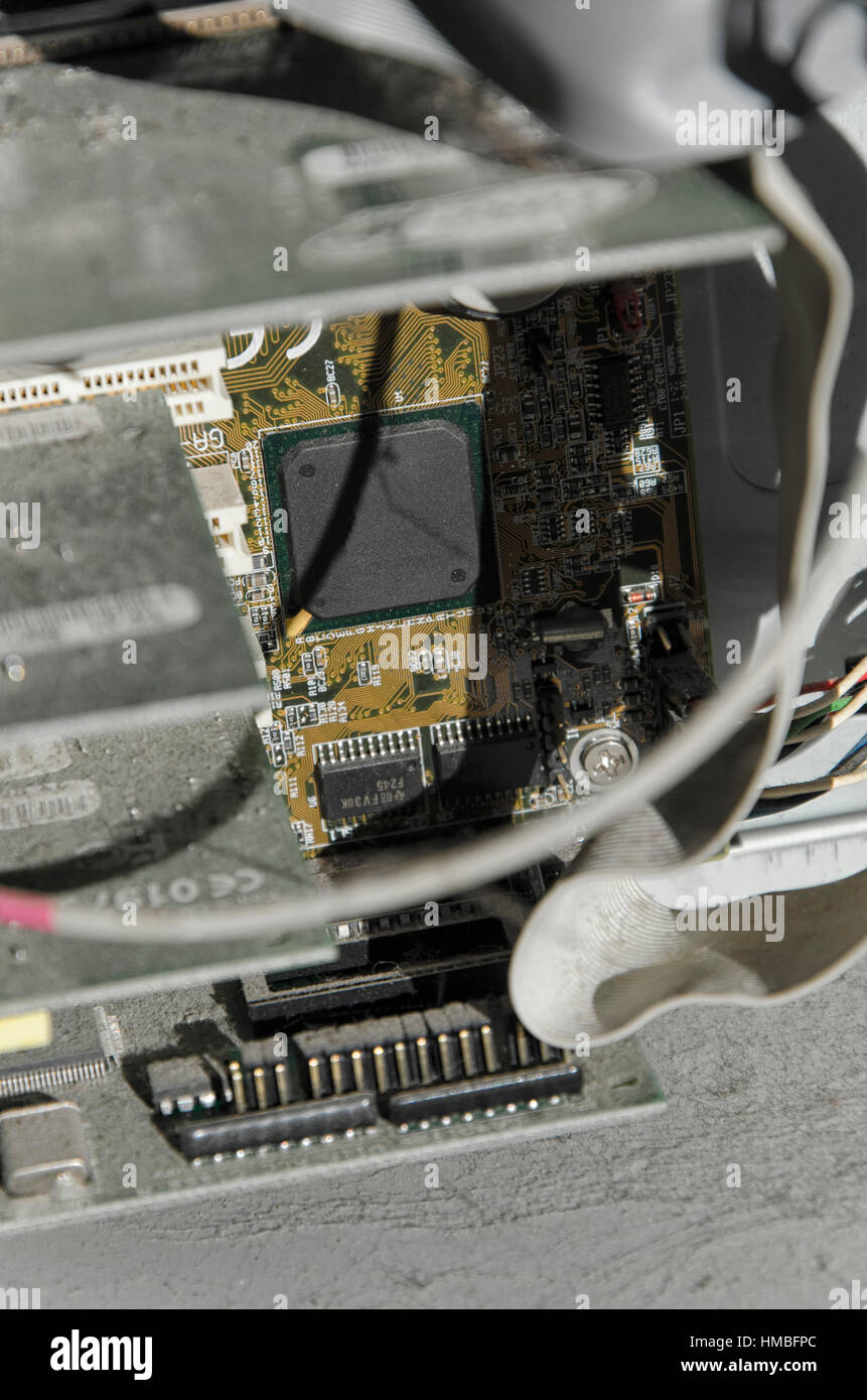 View of the circuit chips of a old computer Stock Photo - Alamy