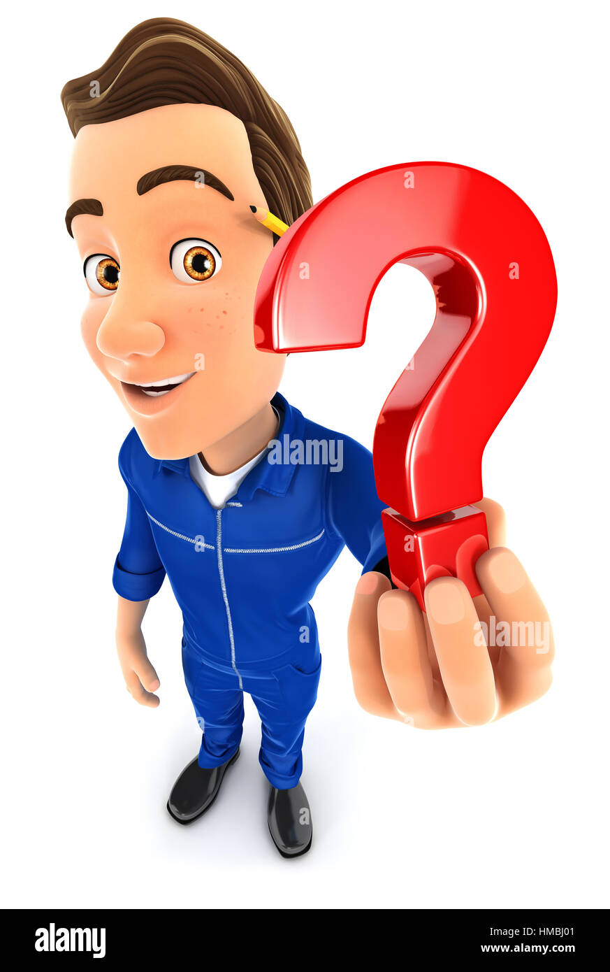 3d mechanic holding a question mark icon, illustration with isolated ...