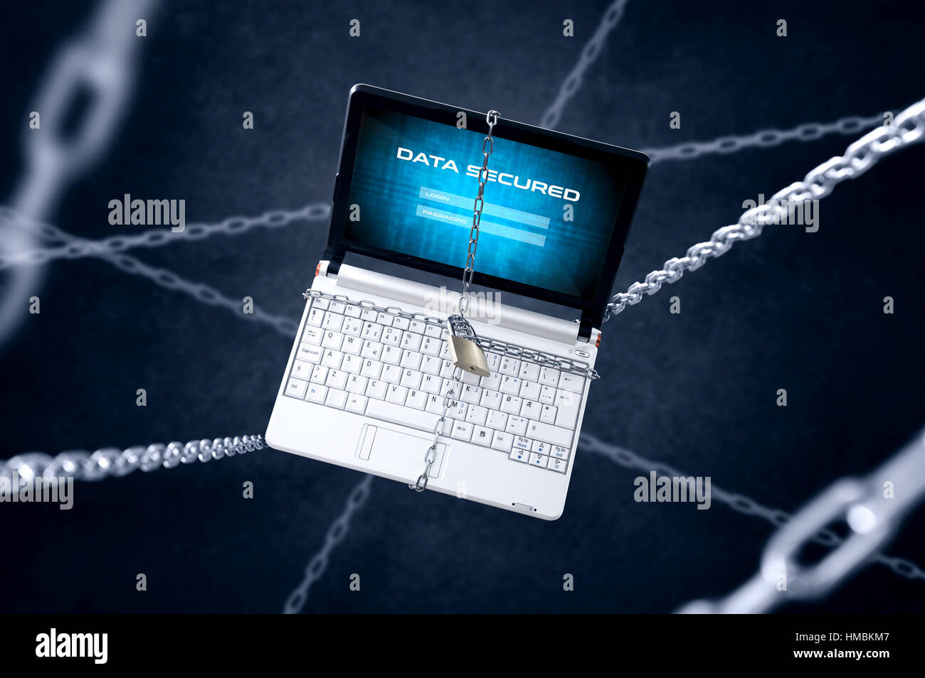 Chained laptop with login panel. Conception of computer protection ...