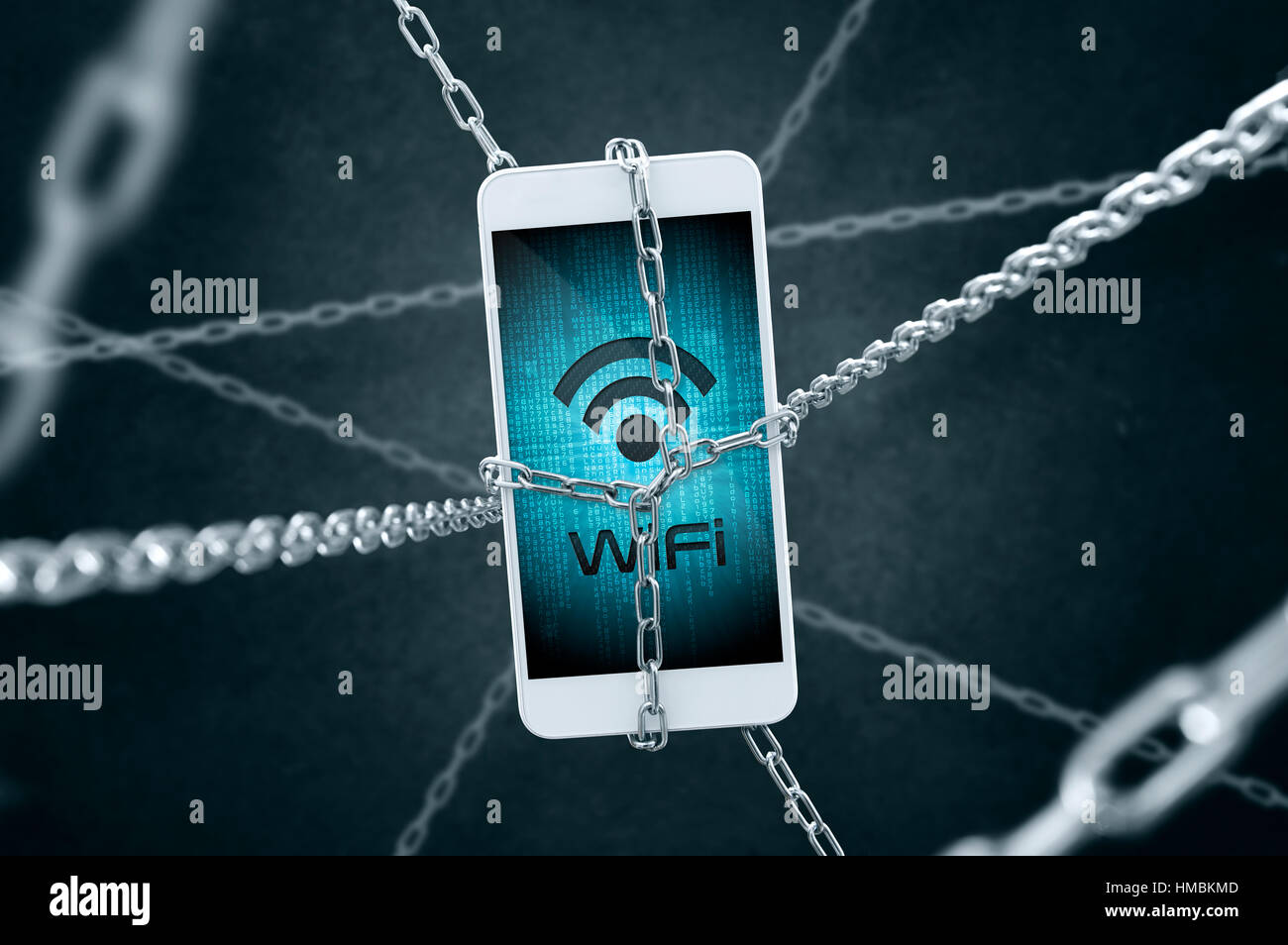Chained smartphone with Wifi symbol. Conception of secure connection ...